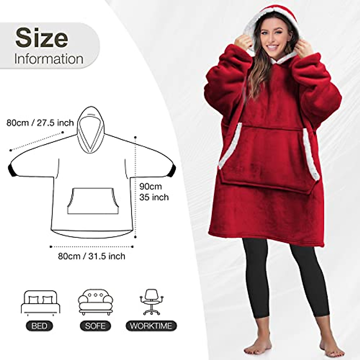 Dolloly Wearable Blanket Hoodie Super Soft Cozy Unisex Sherpa Blanket, Oversized Sweatshirt Wine Red One Size