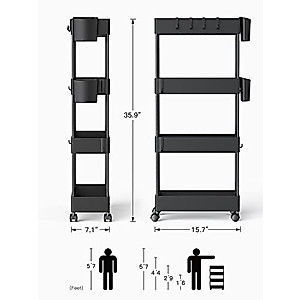 Pipishell Slim Storage Cart with Wheels, 4 Tier Bathroom Storage Organizer Rolling Utility Cart for Bathroom Kitchen Laundry Room Office Narrow Place (Black)