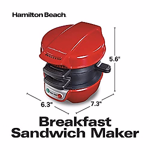 Hamilton Beach Breakfast Sandwich Maker with Egg Cooker Ring, Customize Ingredients, Perfect for English Muffins, Croissants, Mini Waffles, Dorm Room Essentials, Red (25476)