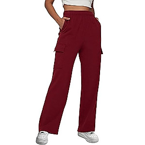 Womens Sweatpants Plus Size Womens Cargo Sweatpants Casual Baggy Fleece Winter Warm Wide Leg High Waisted Loose Fit Joggers Pants Sporty Gym Athletic Lounge Trousers with Pockets C32 Wine