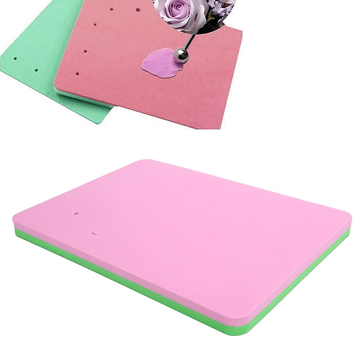 AUNMAS Fondant Foam Pad, Rectangular Fondant Cake Sponge Pad Mat with 5 Holes for Cake Decoration, DIY Paste/Sugar Flower/Gum/Chocolate/Clay Modelling Tools Drying Tray, Pink Green