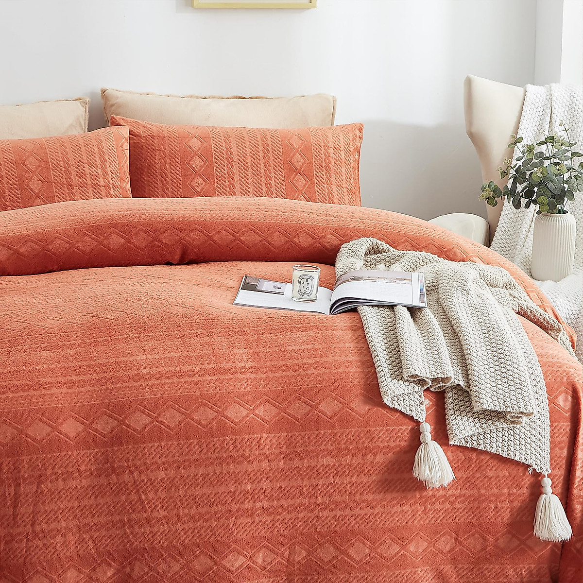 Cupocupa Velvet Duvet Cover Queen Set Grey Comforter Cover 3Pcs Ultra Soft Cover Breathable Luxury Flannel Velour Duvet Cover Zipper Closure Corner Tie Queen Terracotta