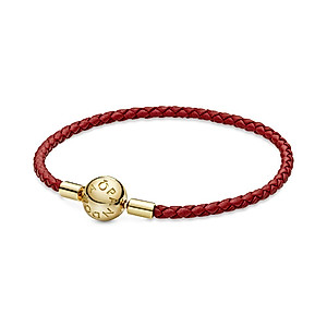 PANDORA Moments Woven Leather Bracelet with 18k Gold-Plated Clasp - Compatible Moments Charms - Charm Bracelet for Women - Features Shine & Leather - Gift for Her - Red, 7.5"