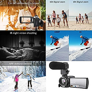 Digital Video Camera, Professional Video Camera 4K Camera, Night Vision HD 3.0inch Touch Screen for Travel Professionals Outdoor Enthusiast(Standard + Microphone + Battery, Transparency)