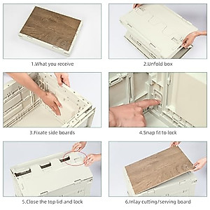 QUNATURE Collapsible Storage Bins Box with Woodgrain Laminate Cutting board 26L Camping Storage Container Foldable Stackable Heavy duty for Picnic/Closet/Garage/Moving