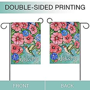 Hzppyz Welcome Spring Floral Flowers Garden Flag Double Sided, Morning Glory Hummingbird Birds Decorative Yard Outdoor Home Small Decor, Summer Farmhouse Burlap Outside House Decoration 12 x 18