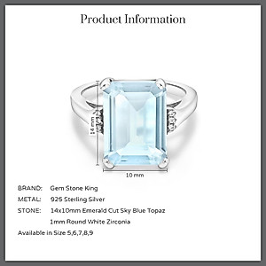 Gem Stone King 9.42 Ct Emerald Cut Sky Blue Topaz 925 Sterling Silver Ring (Size 5)