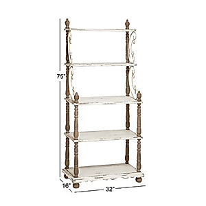 Deco 79 Wood Scroll 5 Shelf Shelving Unit with Brown Spindle Sides and Ball Feet, 32" x 16" x 75", White