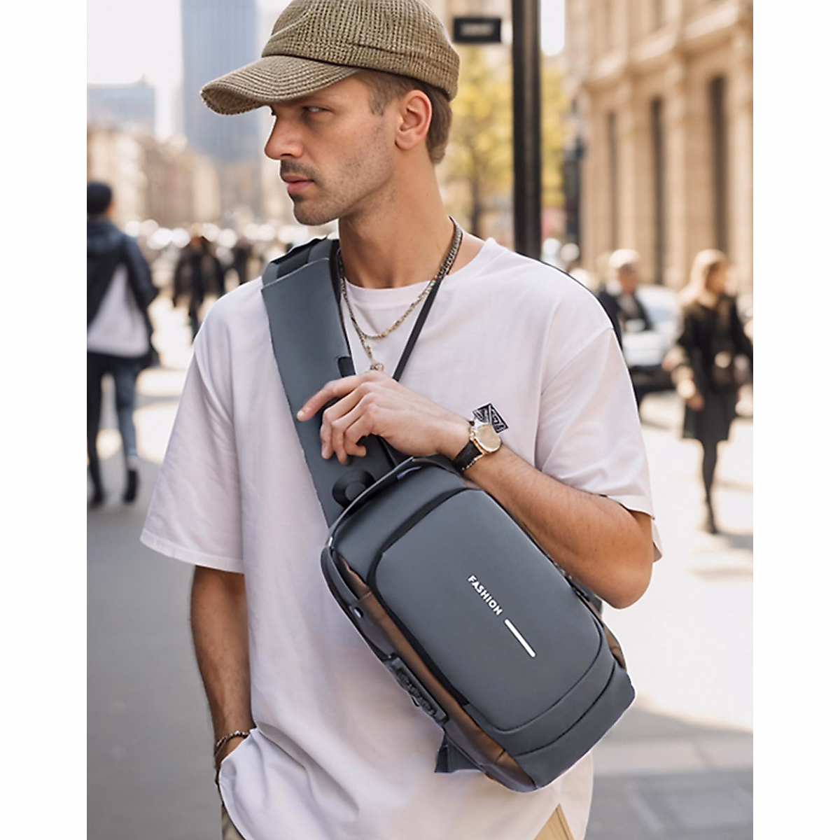 Geanbun Sling Bag for Men Anti-Theft USB Crossbody Backpack Waterproof Chest Daypack Lightweight Shoulder Bag (Grey)