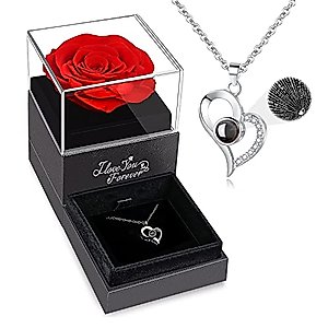 WILDLOVE Preserved Real Red Rose with Necklace in 100 Languages, Gifts for Mom Girlfriend Wife and Grandma on Mothers Day, Anniversary Birthday Gifts for Women