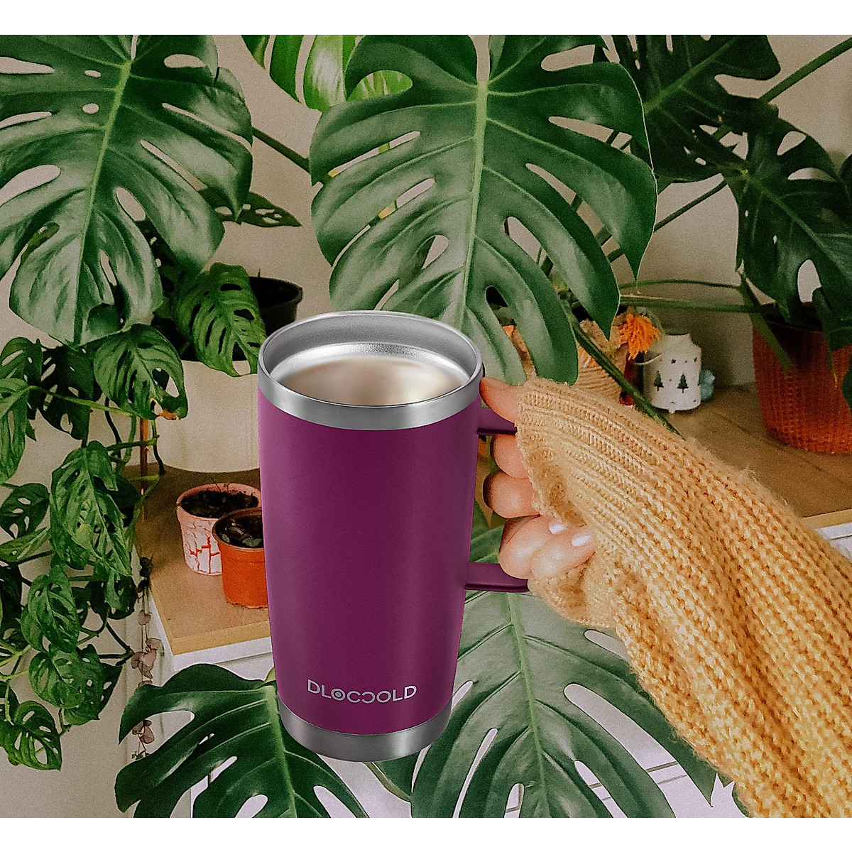 DLOCCOLD Insulated Coffee Mug with Handle Stainless Steel Travel Coffee Cup with Lid Spill Proof Reusable Thermos Coffee Cups for Men Women Car Cup holder Friendly (Purple, 20 oz)