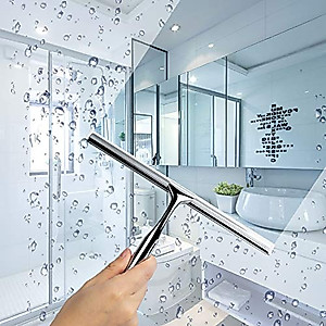 Shower Squeegee for Glass Doors 10 Inches Stainless Steel Squeege for Window and Car, 4 Suctions Shower Mirror