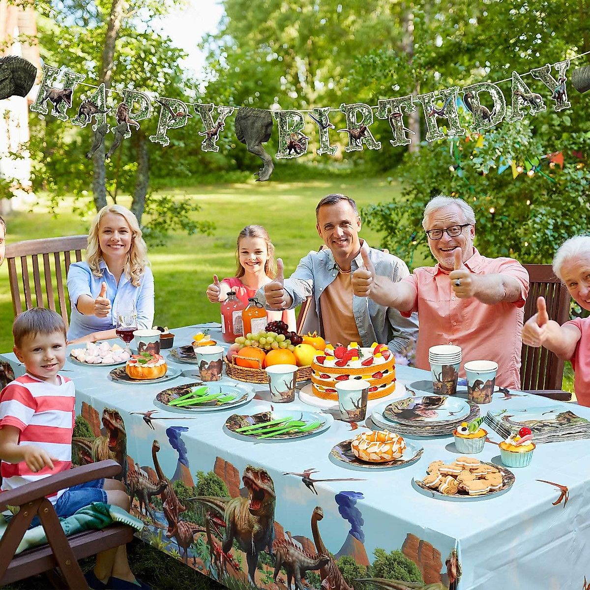 Seewey 171 Pieces Dinosaur Party Supplies Jurassic Happy Birthday Party Decorations Dinosaur Theme Birthday Tableware Tablecloth Dino Plates Napkins Cup Forks Banner for 24 Guests