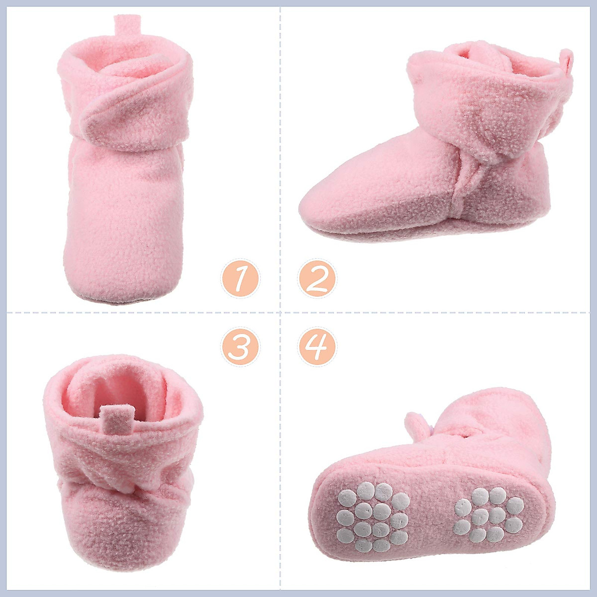 SATINIOR 3 Pairs Unisex Cozy Fleece Baby Booties with 3 Pairs Infant Cotton Socks (White, Gray, Pink,0-6 Months)
