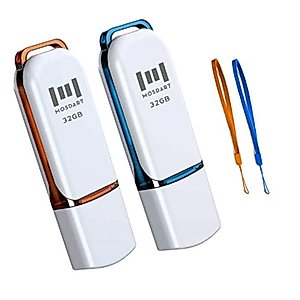 MOSDART 32GB USB2.0 Flash Drive, with LED Light and Lanyards, FAT32 Memory Stick for Computers, System Backup, Data Storage, Orange and Blue(Pack of 2)