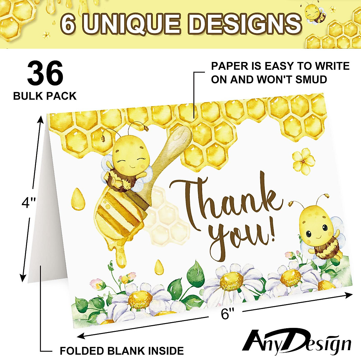 AnyDesign 36 Pack Honey Bee Thank You Cards Bulk Watercolor Bee Honeycomb Flower Thank You Note Cards with Envelopes Stickers for Summer Birthday Baby Shower Wedding Bridal Party Supplies