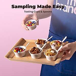 Fit Meal Prep 250 Pack 2 oz White Disposable Plastic Cups and 3 Inch Tasting Spoons - Portion Food Samplers for Restaurants Catering Party Appetizers Souffle Dressings Ice Cream Desserts