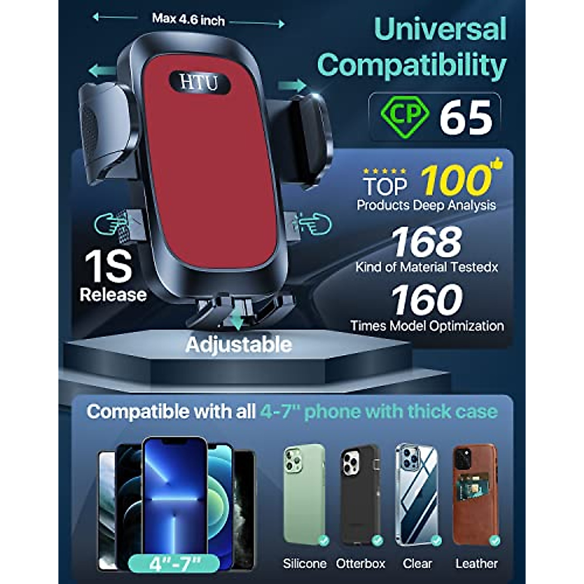 HTU Car Phone Holder Mount [Patent & Safety Certs] [Military Steel Clip & Super Suction Cup] Universal 3 in 1 Cell Phone Holder for Car Dashboard Windshield Vent Car Mount for iPhone Samsung Google