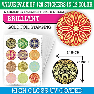 Mandala Gold Foil Stickers - (Pack of 120) 2" Large Round Labels for Christmas Happy Holidays New Year Birthday Cards Gift Boxes Envelope Seals