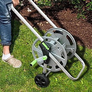 YESTAR Hose Reel Cart Hold Up to 130 ft of 5/8 inch Hose Garden Water Hose Carts Mobile Tools with 2 Wheels, Heavy Duty Powder-coated Steel Outdoor Planting with Storage Basket, for Garden, Yard, Lawn