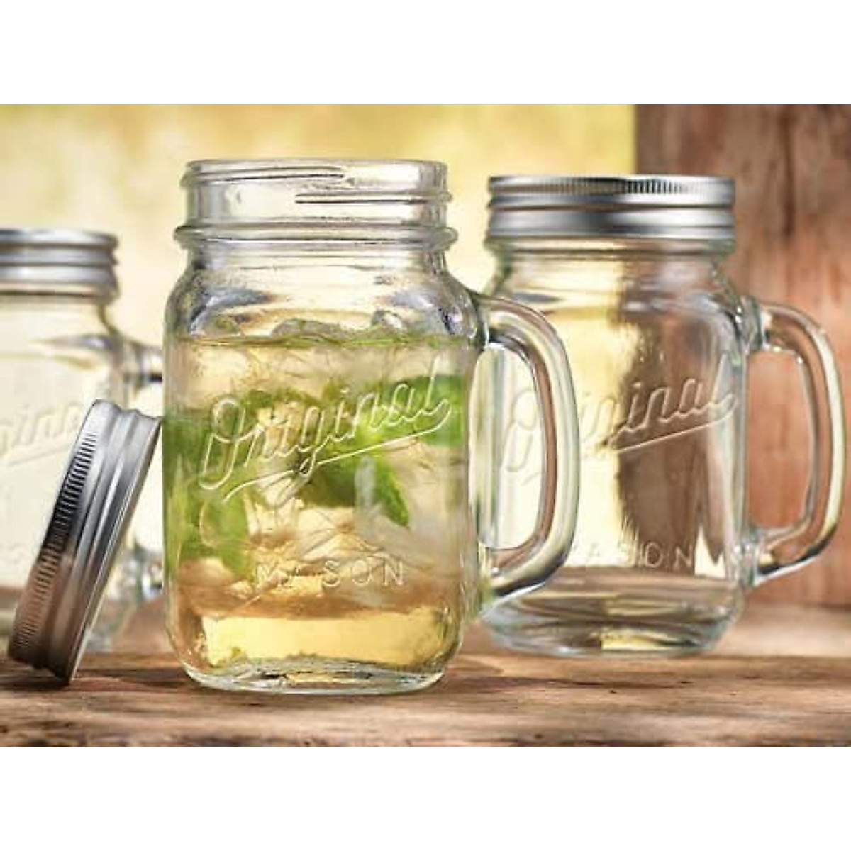 Mason Jar 16 Oz. Glass Mugs with Handle and Lid Set Of 4 - Home Essentials & Beyond - Old Fashioned Drinking Glass Bottles Original Mason Jar Pint Sized Cup Set.