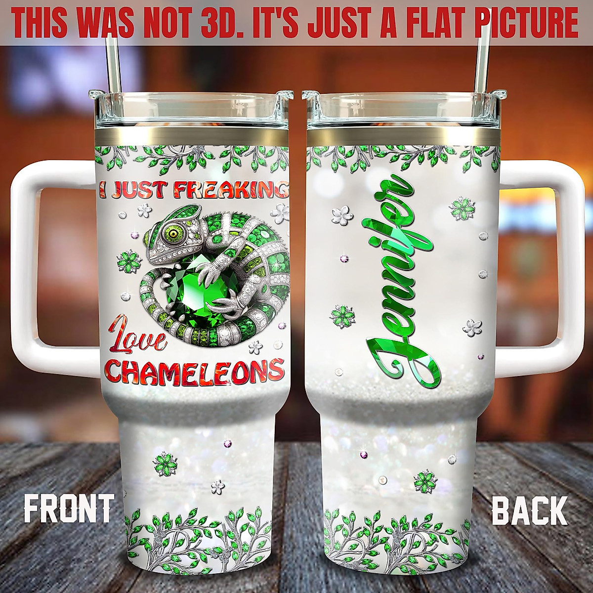 WAZONE Personalized Chameleon Tumbler 40oz with Handle and Straw Custom Name I Just Freaking Love Chameleons Stainless Steel Tumblers Jewelry Style Travel Mug Gifts for Women Animal Lovers