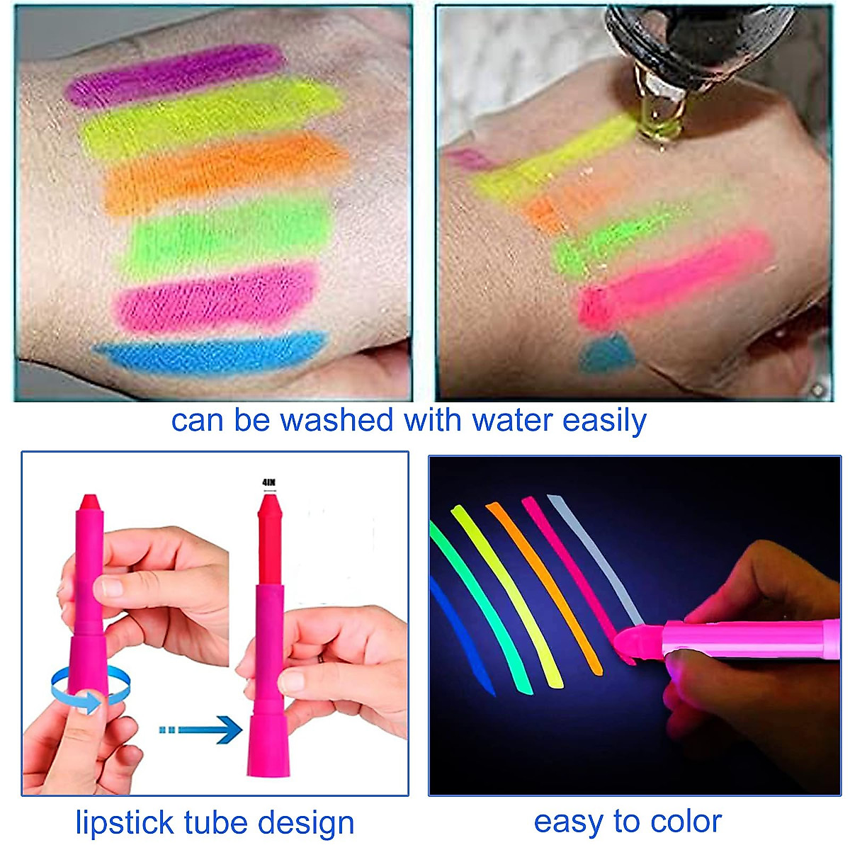 Glow in The Black Light UV Face Paint Crayon, Black Light Neon Face & Body Paint Non Toxic Fluorescent Mardi Gras Halloween Makeup Marker for Kids