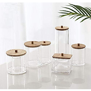 1 PK Transparent Acrylic makeup Pad Holder with Wood Lid Makeup Pads Dispenser Container Holder Apothecary Jars Bathroom Clear Plastic Bottle Rounds Organizer Storage Display Rack Cosmetic Pad
