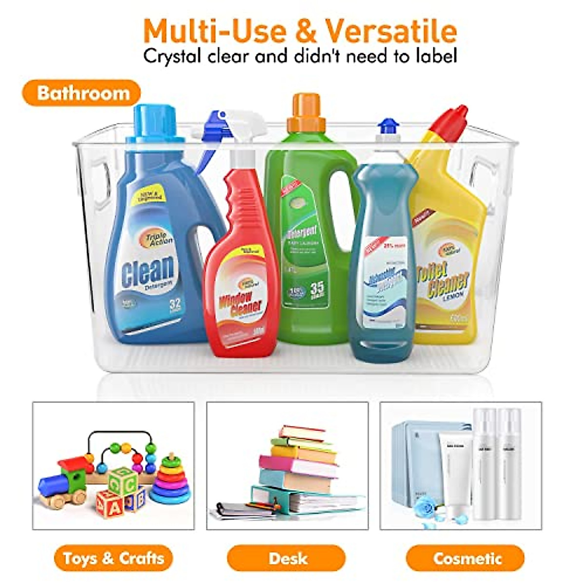 5 PACK Clear Plastic Storage Bins –Pantry Organization and Storage Bins-Cabinet Organizers-Fridge Organizer-Household Food Storage Baskets for Countertops, Refrigerator, Bedrooms, Bathrooms