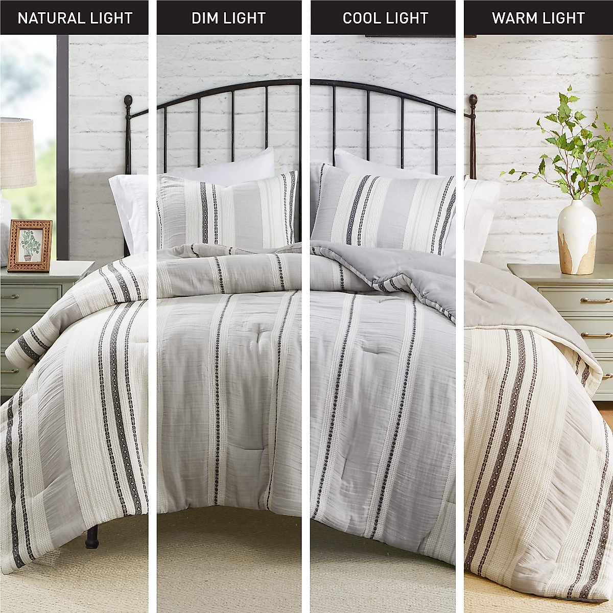 Hyde Lane Neutral Farmhouse Bedding Set, 3 Pieces Full/Queen Size Grey Comforter Sets, Cotton Top with Modern Rustic Style Stripes Including 1 Comforter 2 Pillowcases