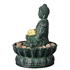 Haobos Indoor Tabletop Fountain Exquisite Sitting Buddha Fountains Meditation Desk Water Fountain Decorative Zen Fountain w/Glass Rolling Ball/LED/Stone Office and Home Decor 9.4" (21127A)
