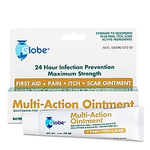 Globe Pain, Itch & Scar First Aid Antibiotic Ointment, (1 oz) Triple Antibiotic Anti-Itch, Scar Minimizer, for Minor Cuts, Scrapes, and Burns.