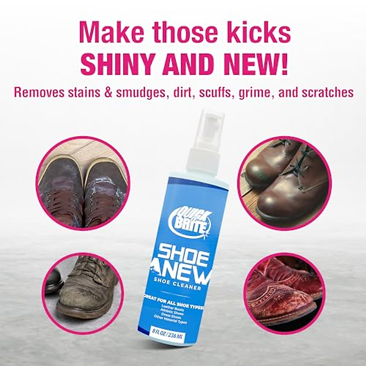 ShoeAnew Quick ’n Brite Cleaning Kit - Footwear Cleaner for All Shoe Types - Sneakers, Boots, Dress Shoes, Collectibles - 12 Ounce Bottle, Soft Bristle Brush and Premium Microfiber Cloth