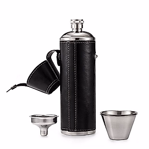 GENNISSY 10 OZ Black Bucket Hip Flask - PU Leather Stainless Steel Men Flasks for Liquor with Funnel and Cups