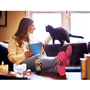 Gift for Cat Lover Women, Glass and Sock for Cat Mom, Cat Mom Socks, Cat Mom Gifts for Women, Cat Lover Gift, Can Shaped Glass Cups, 20oz Drinking Glasses with Bamboo Lid and Glass Straw