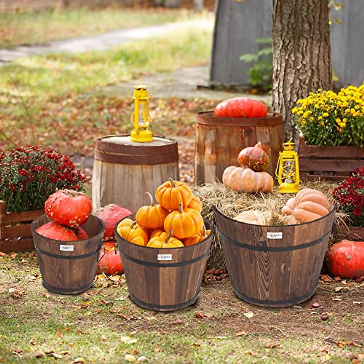 VINGLI 3 pcs Wooden Planter Barrel Set, Real Wood Indoor/Outdoor Flower Pot w/Drainage Holes, Different Sizes, Large Garden Container Box