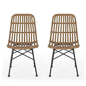 Great Deal Furniture Yilia Outdoor Wicker Dining Chair (Set of 2), Light Brown and Black