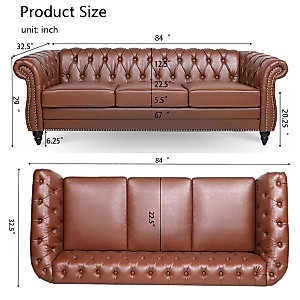 HoRunzelin Chesterfield Luxury PU Leather 3 Seater Sofa Couch,Classic Tufted Button and Nailhead Rolled Arm for Office Living Room,Brown