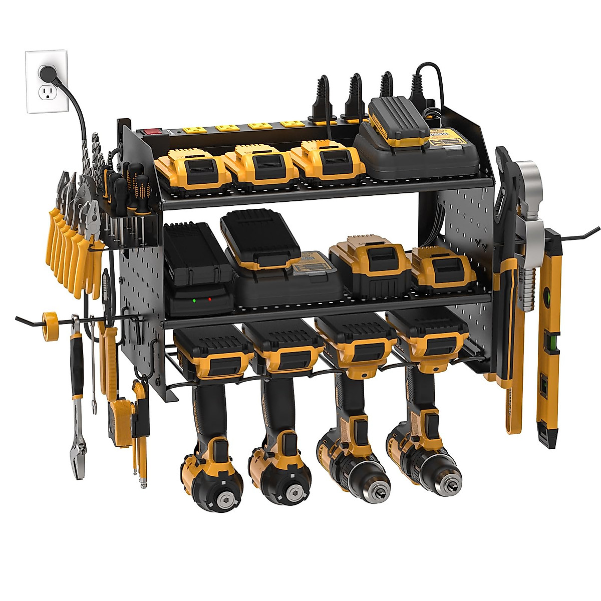 CRST Power Tool Organizer Wall Mount with Charging Station, Cordless Drill Holder with 8-Outlet Heavy Duty Power Strip, Modular Garage Organization Storage Rack Shelf, DIY Pegboard, Gift for Men Black