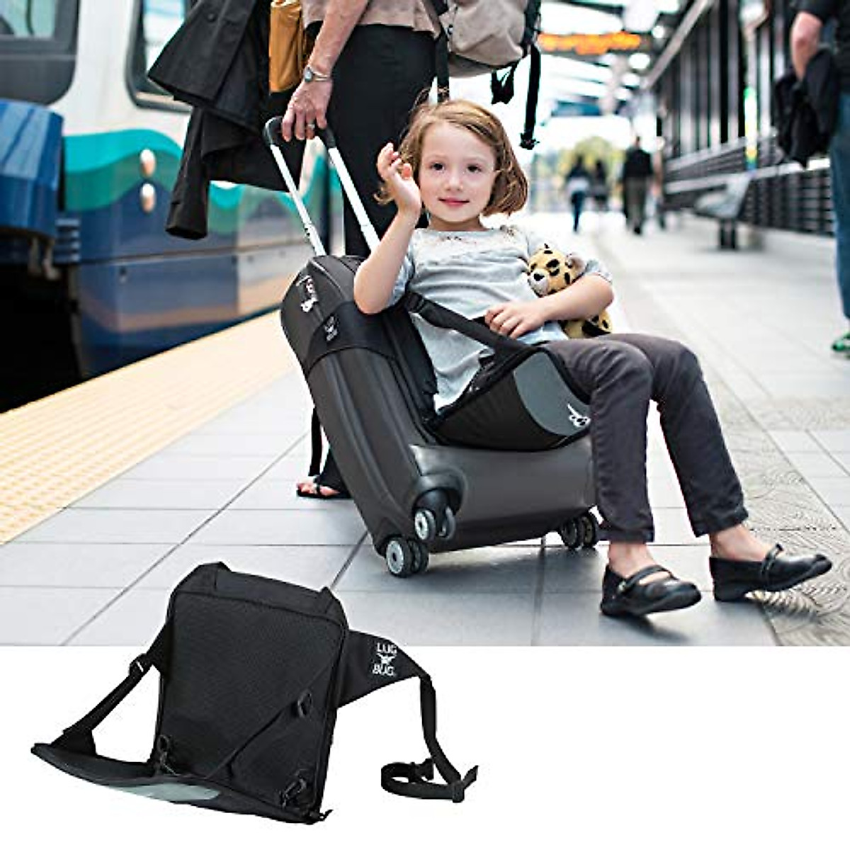 Lugabug Travel Seat, Ride-On Suitcase for Kids, Child Carrier for Carry-On Luggage - Family Airport Travel Made Easy (Black/Grey)