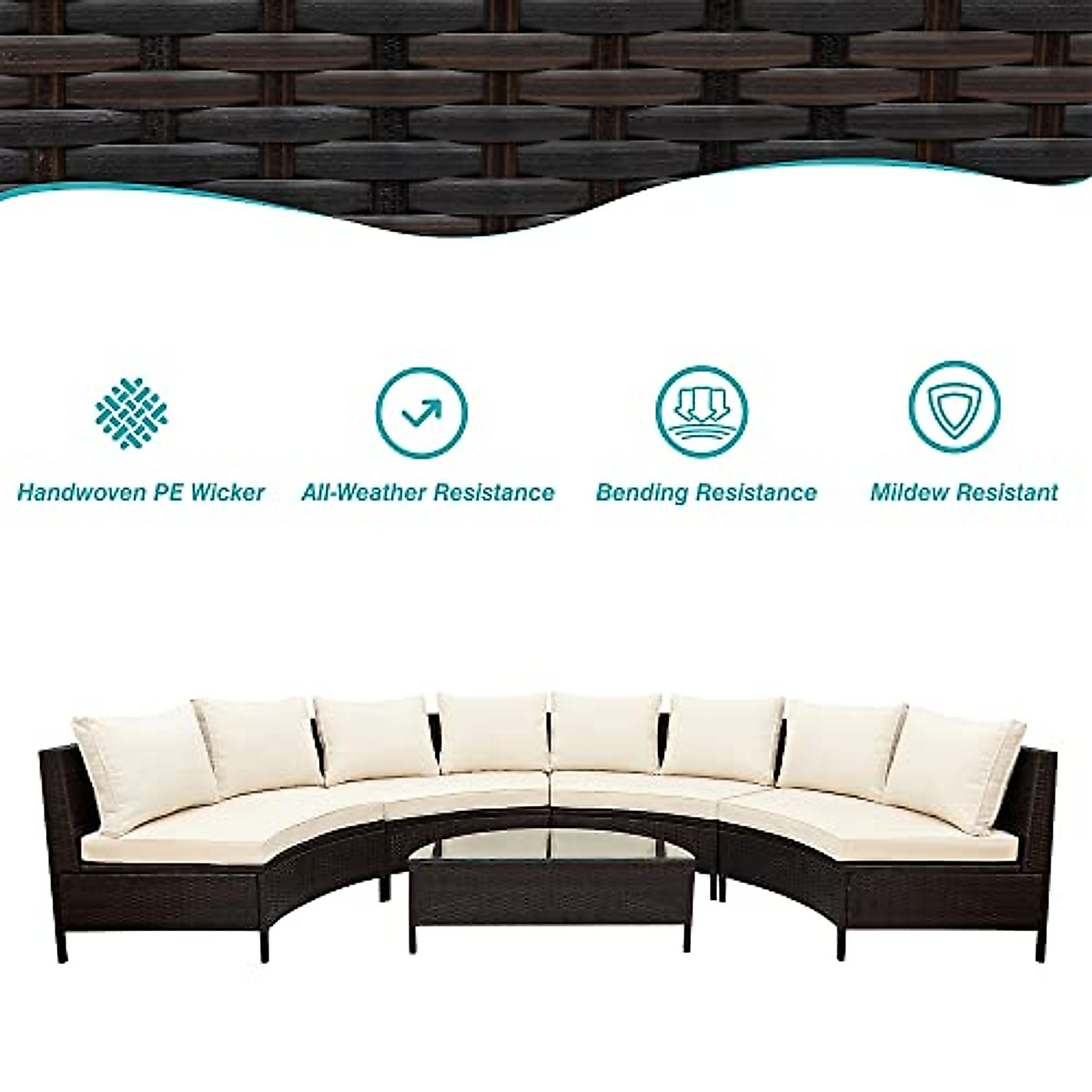 Merax Weather Brown PE Rattan Wicker Outdoor Patio Sectional Furniture Half-Moon Sofa Set with Tempered Glass Table, Beige,5 Piece