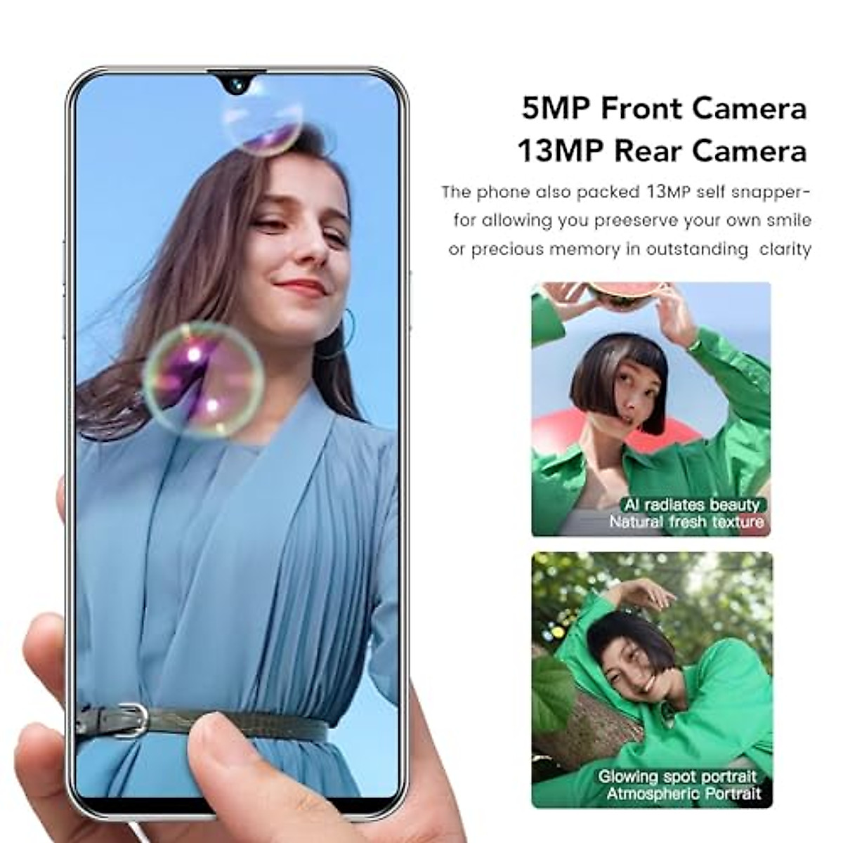 Smartphone, 6.5inch Ultra HD Screen 13 MP Camera Face Recognition Unlocked Cell Phone 4GB RAM 64GB ROM 8000mAh High Capacity Battery Triple Card Slot Mobile Phone (Blue)