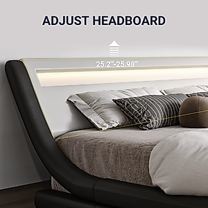 Allewie King Size LED Platform Bed Frame with Adjustable Headboard/No Box Spring Need/Easy Assembly/Faux Leather in White and Black