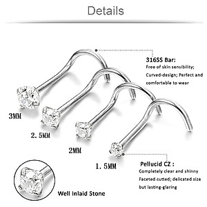 Jstyle 20G 1.5mm 2mm 2.5mm 3mm 3.5mm 4mm Round Diamond CZ Nose Screw Studs Rings Piercing Jewelry