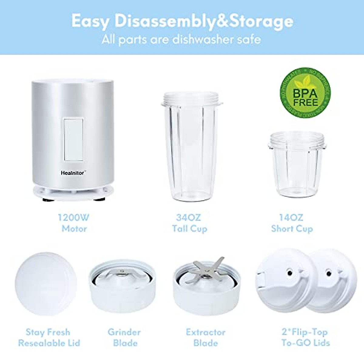 1200W Aluminum 3-Speed Juicer for Shakes and Smoothies, Healnitor Large Size Mixer with Blending and Juicing for Kitchen, Silver