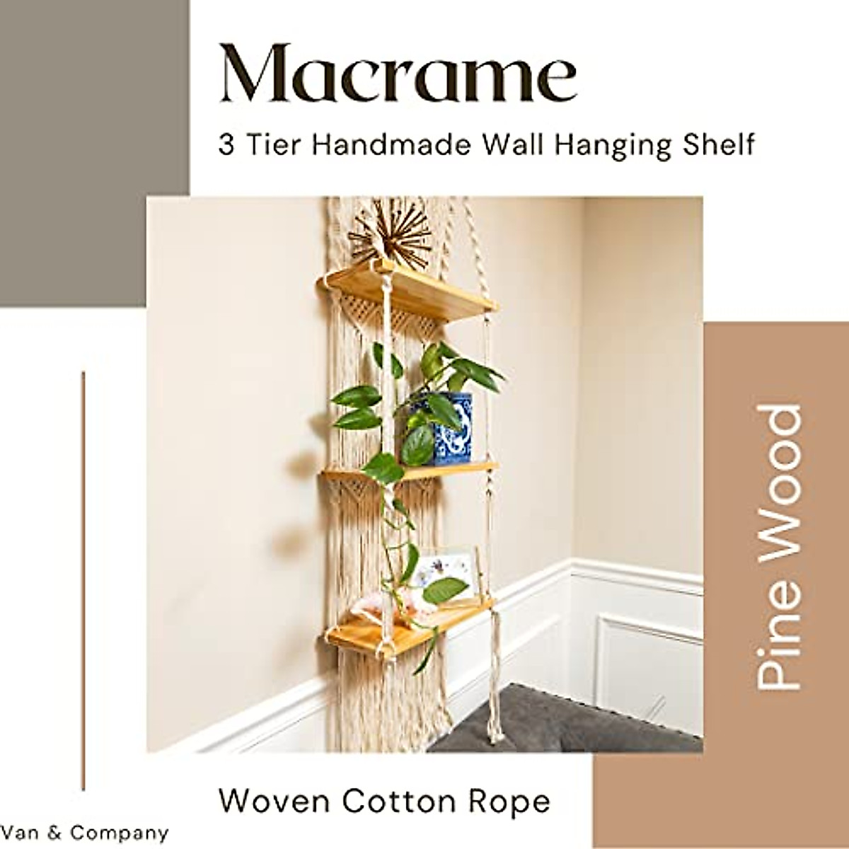 Van & Company 3 Tier Handmade Macrame Wall Hanging Shelf Includes 3 1.5cm Polished Wooden Shelves, Decorative Hand Made Roped Boho Shelving for Plants etc