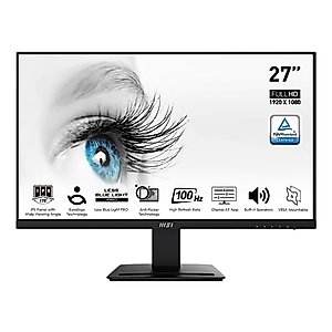 MSI Pro MP273A, 27" Monitor, 1920 x 1080 (FHD), IPS, 100Hz, TUV Certified Eyesight Protection, 4ms, Displayport, HDMI, Tilt, Black