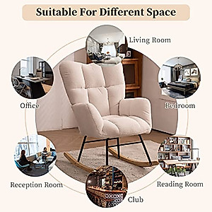 NIOIIKIT Nursery Rocking Chair Teddy Upholstered Glider Rocker Rocking Accent Chair Padded Seat with High Backrest Armchair Comfy Side Chair for Living Room Bedroom Offices (Ivory Teddy)