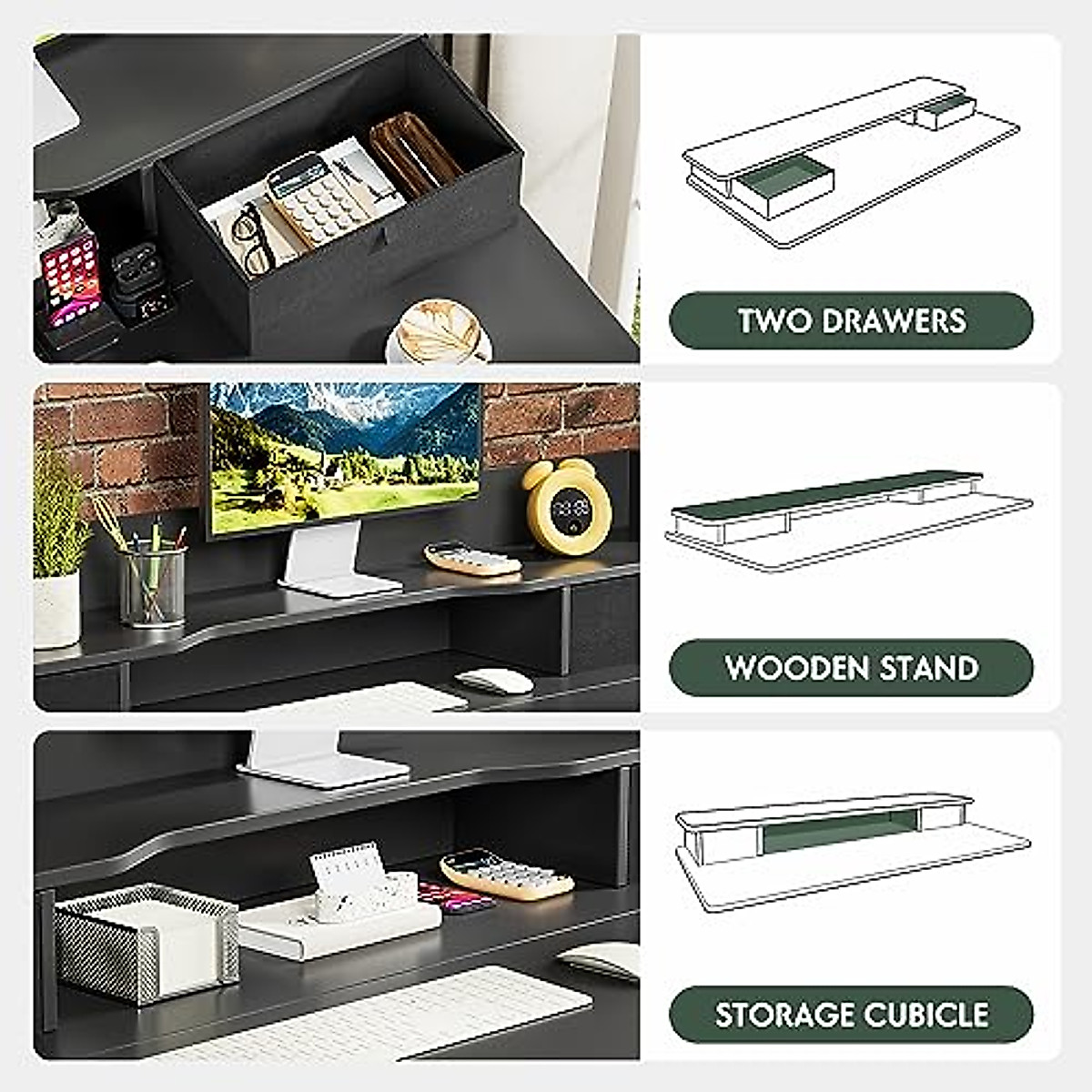 Homall Electric Standing Desk with Triple Drawers, Adjustable Height Stand Up Desk, 55 x 24 Inch Table with Storage Shelf, Sit Stand Home Office Desk with Splice Board (Black)