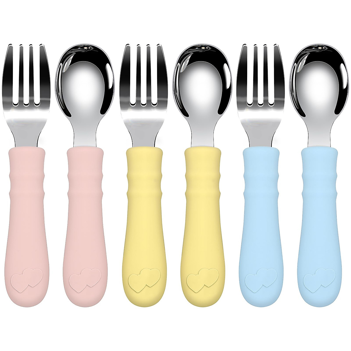 HAKSEN Toddler Utensils, Baby Forks and Spoons Set, 3 Forks and 3 Spoons, Perfect Length for Baby Spoons Self Feeding, Stainless Steel Cutlery with Silicone Handle